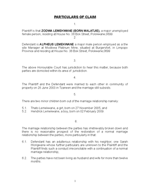 Particulars OF Claim template(Minister of Police) - IN THE HIGH COURT ...