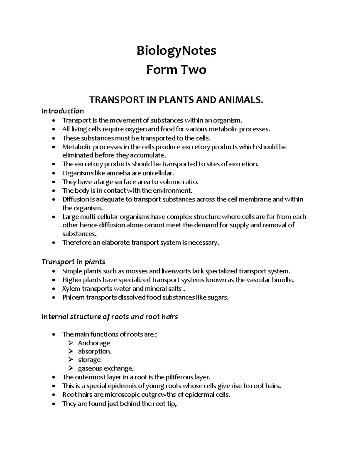 Biology Notes: Transport Mechanisms in Plants & Animals (Form 2) - Studocu