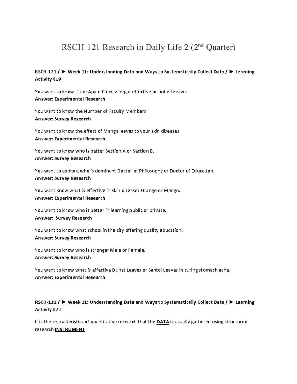 RSCH-121 Learning Activities and Quizzes for 2nd Quarter Evaluation - Studocu