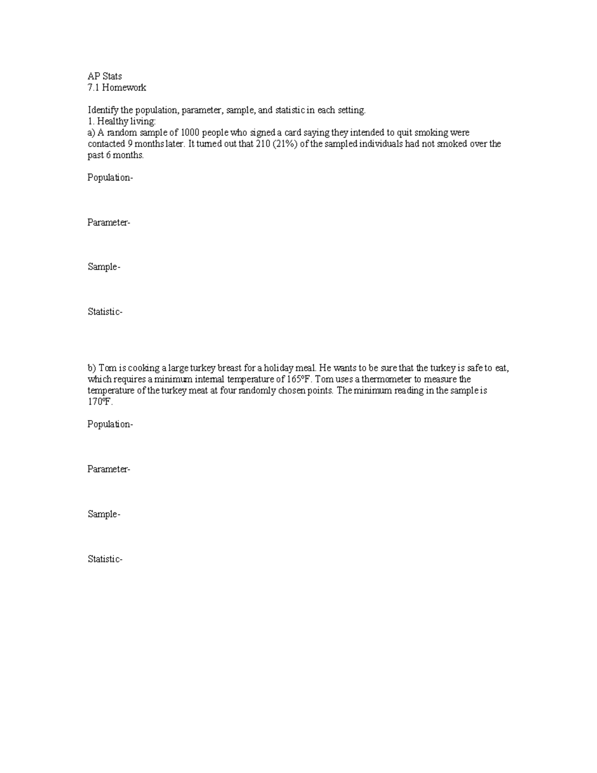 AP Stats 7.1 Homework: Population, Parameter, Sample, and Statistic ...