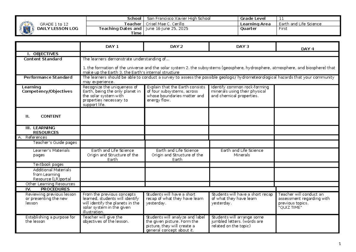 GRADE 11 EARTH & LIFE SCIENCE DAILY LESSON LOG - WEEK 1 - Studocu