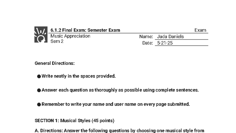 6.1.2 Final Exam: Music Appreciation Semester 2 Exam Guide - Studocu
