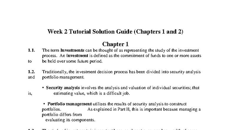 Week 2 Tutorial Solution Guide: Investment Concepts (Chapters 1 & 2) - Studocu