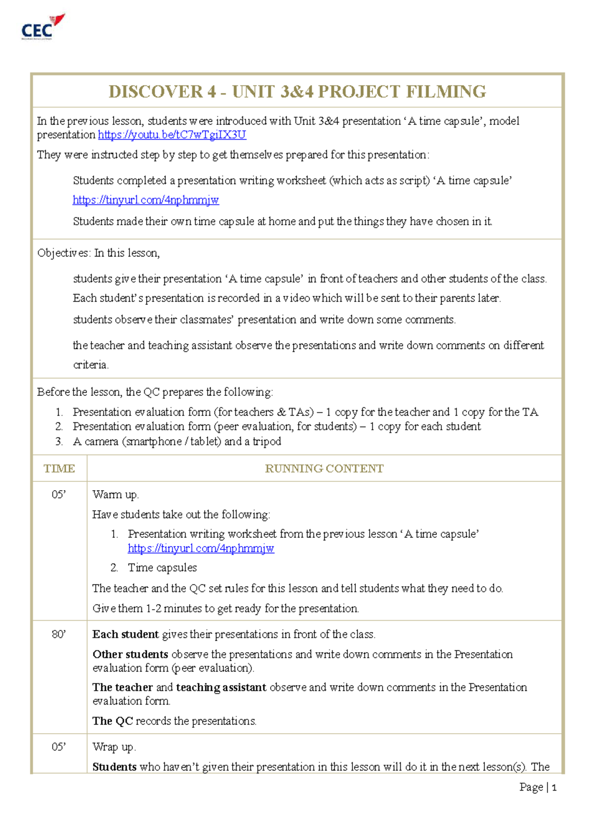 D4 Unit 3&4 Project Filming Lesson Guide for QCs & Teachers - Studocu