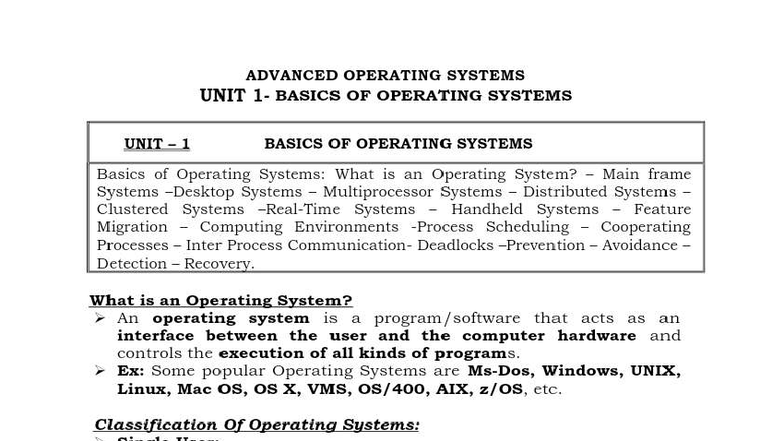 ADVANCED OPERATING SYSTEMS UNIT 1: BASICS OF OPERATING SYSTEMS - Studocu