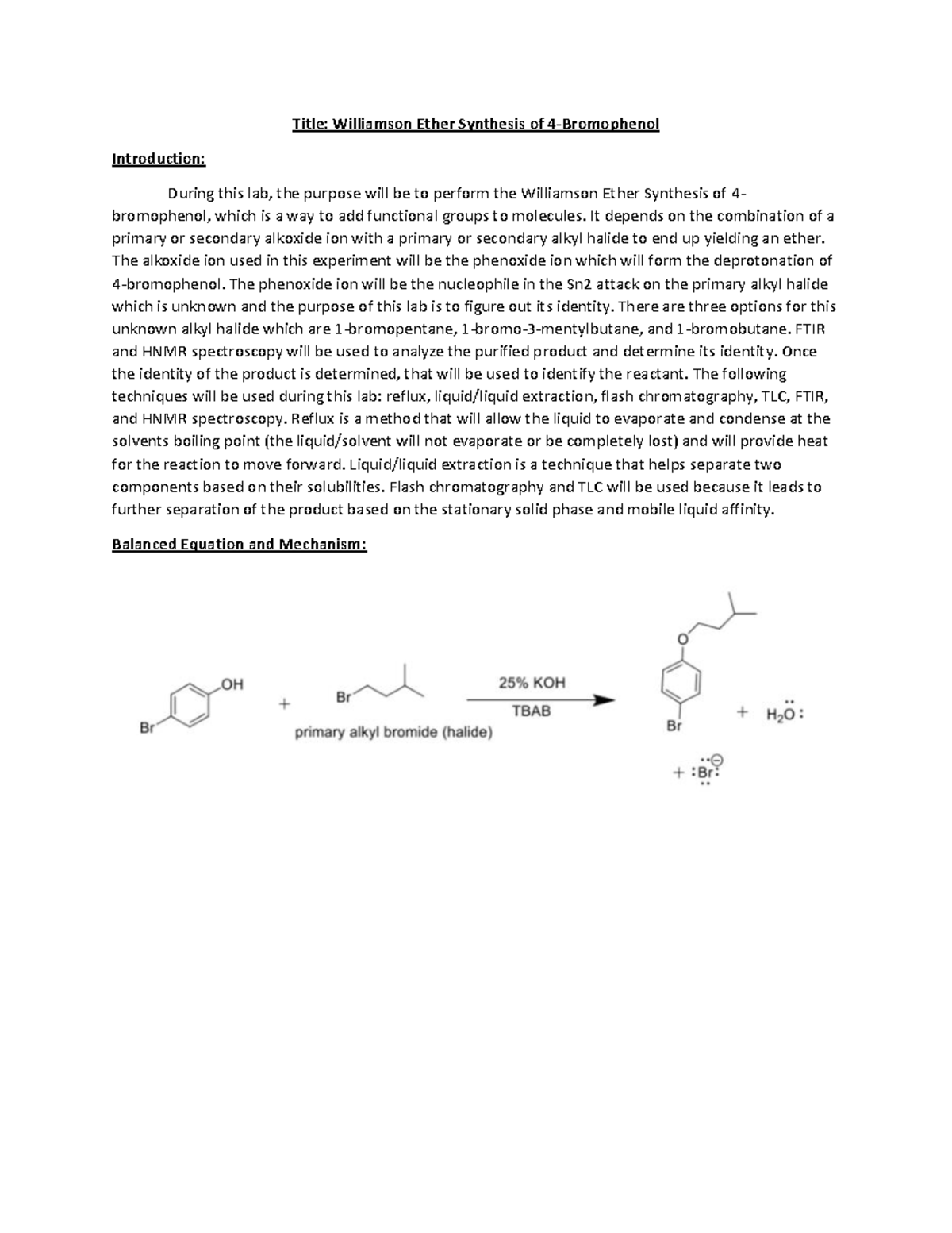 Williamson Ether Synthesis Postlab for WE754039 - 4-Bromophenol - Studocu