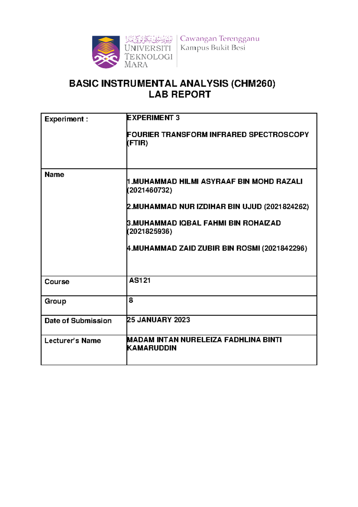 CHM 260 Experiment 3 FTIR - BASIC INSTRUMENTAL ANALYSIS (CHM 260 ) LAB ...
