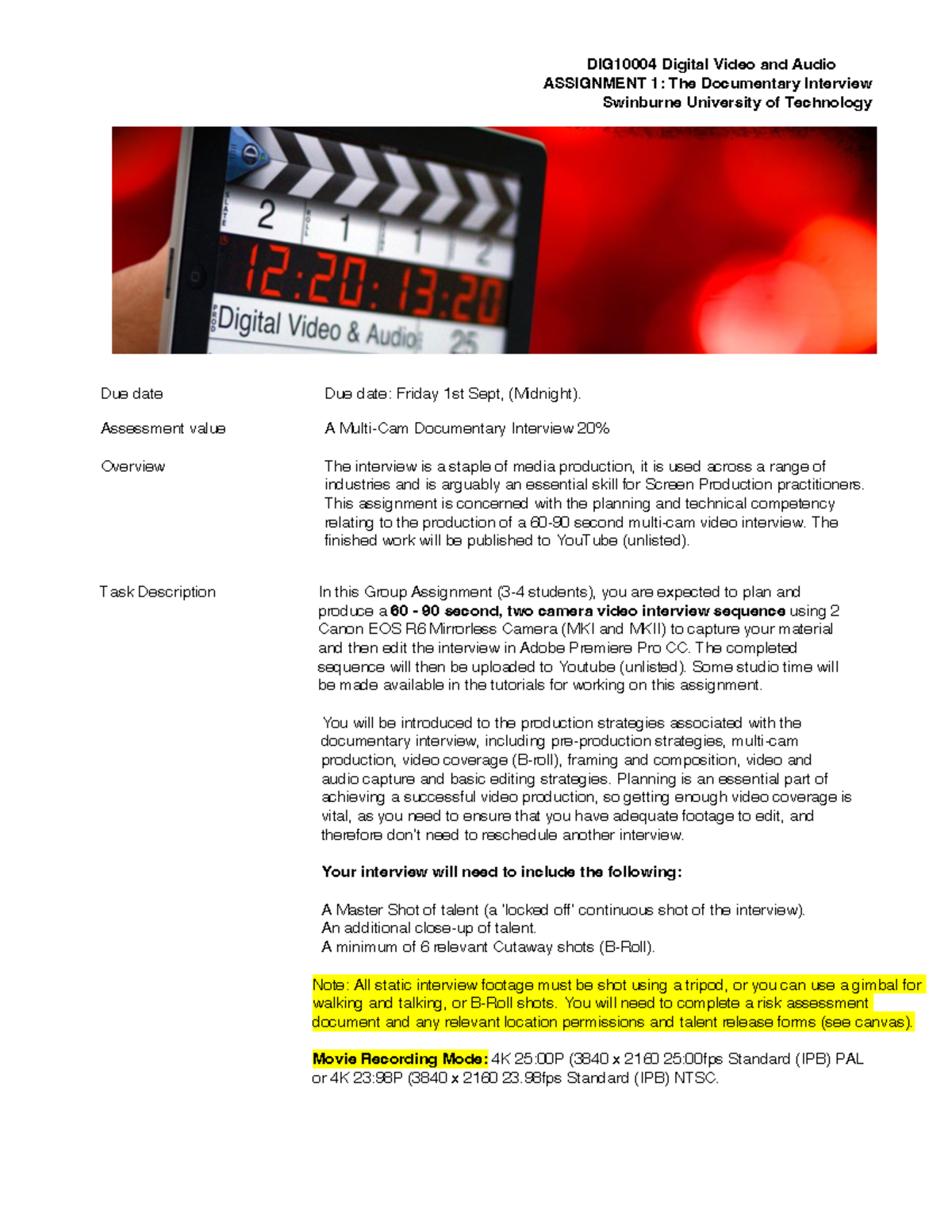 DVA DIG10004 Assignment 1: Multi-Cam Documentary Interview Guide - Studocu