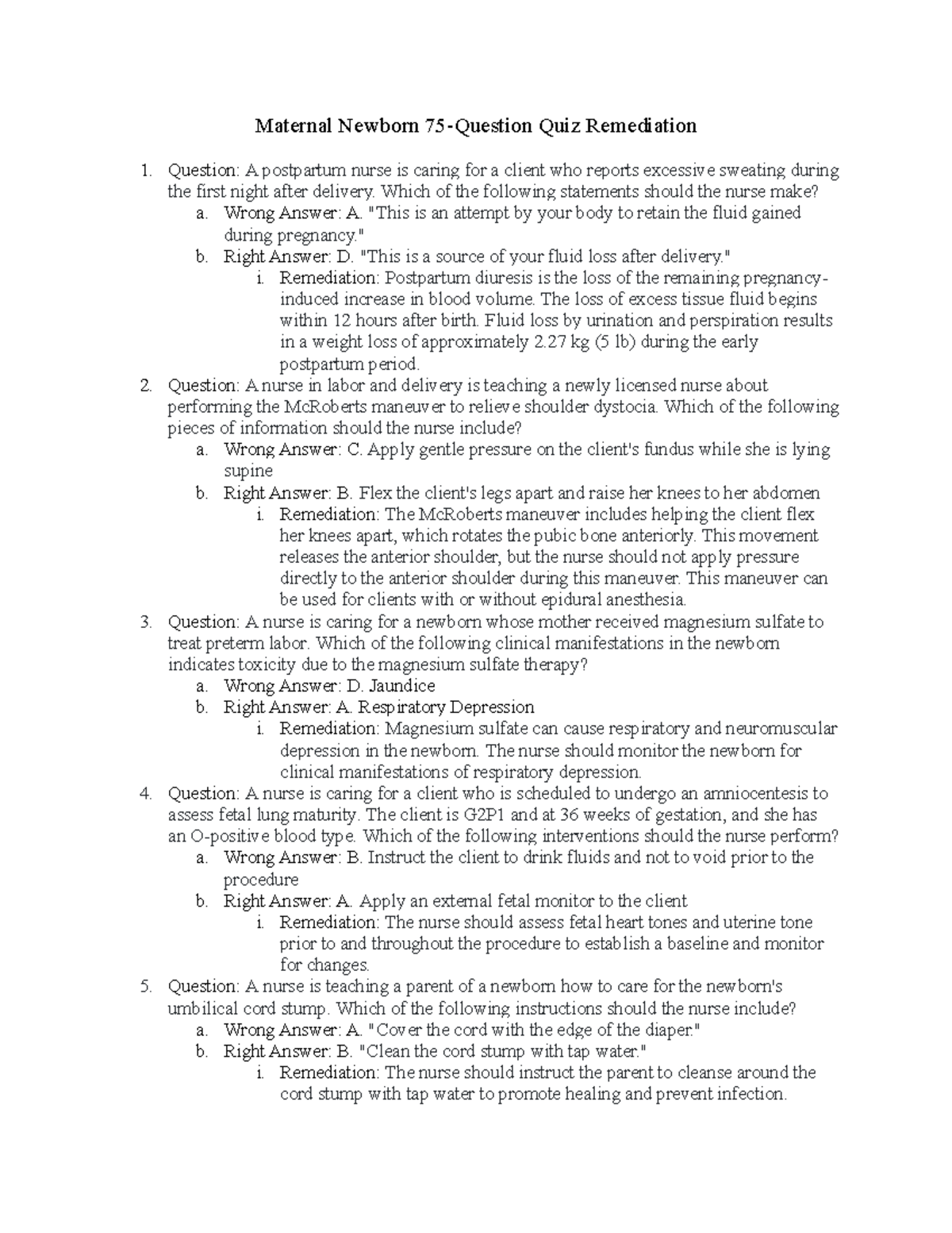 Maternal Newborn Quiz Remediation 1: Key Concepts and Answers - Studocu