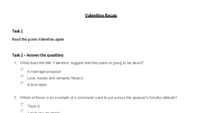 Valentine Poem Analysis: Key Questions & Insights - Studocu