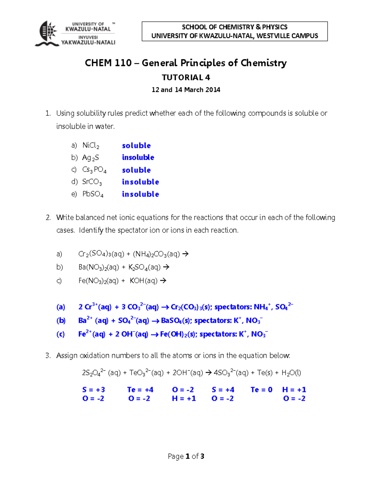 CHEM 110 - General Principles of Chemistry Tutorial 4 Solutions - Studocu
