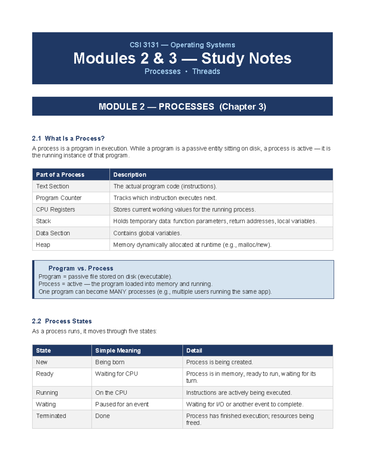 CSI 3131 Mod 2 & 3 Study Notes: Processes & Threads Overview - Studocu