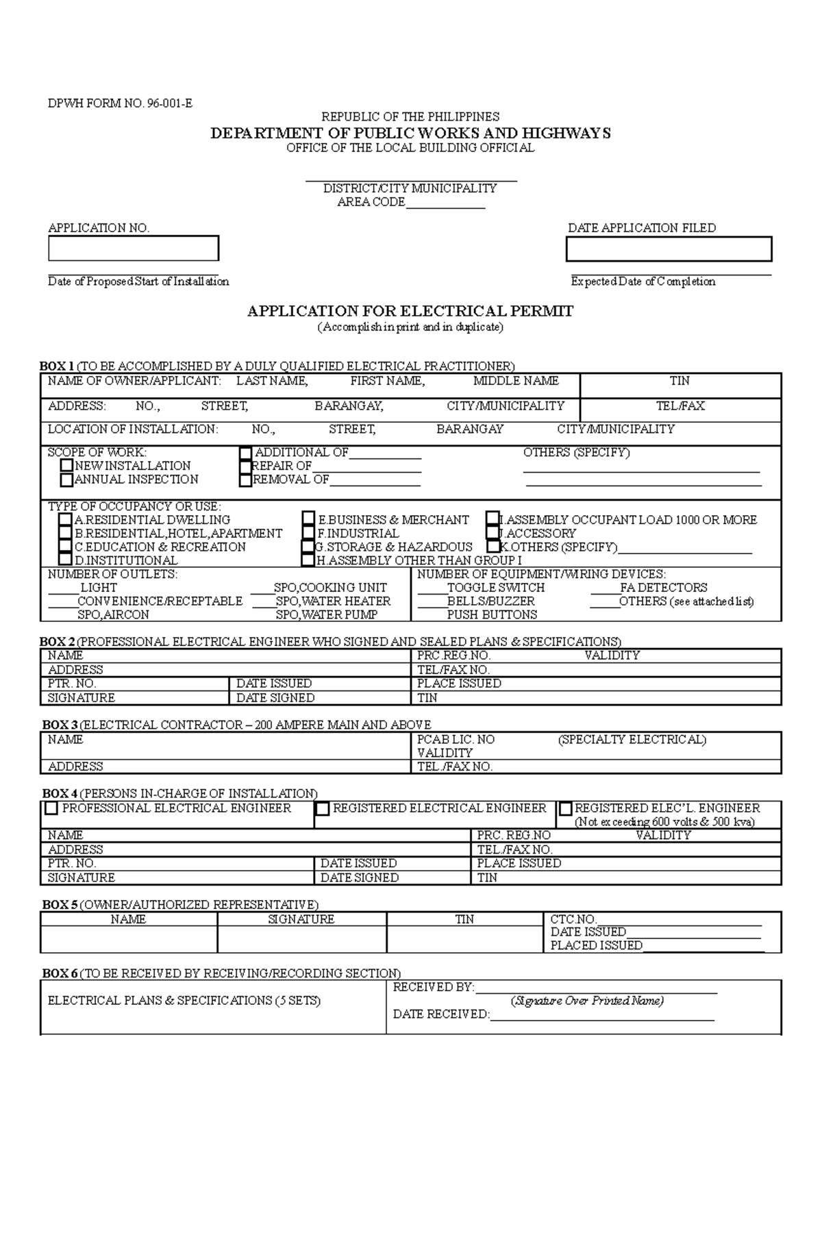 Application for Electrical Permit Form DPWH 96-001-E - Studocu