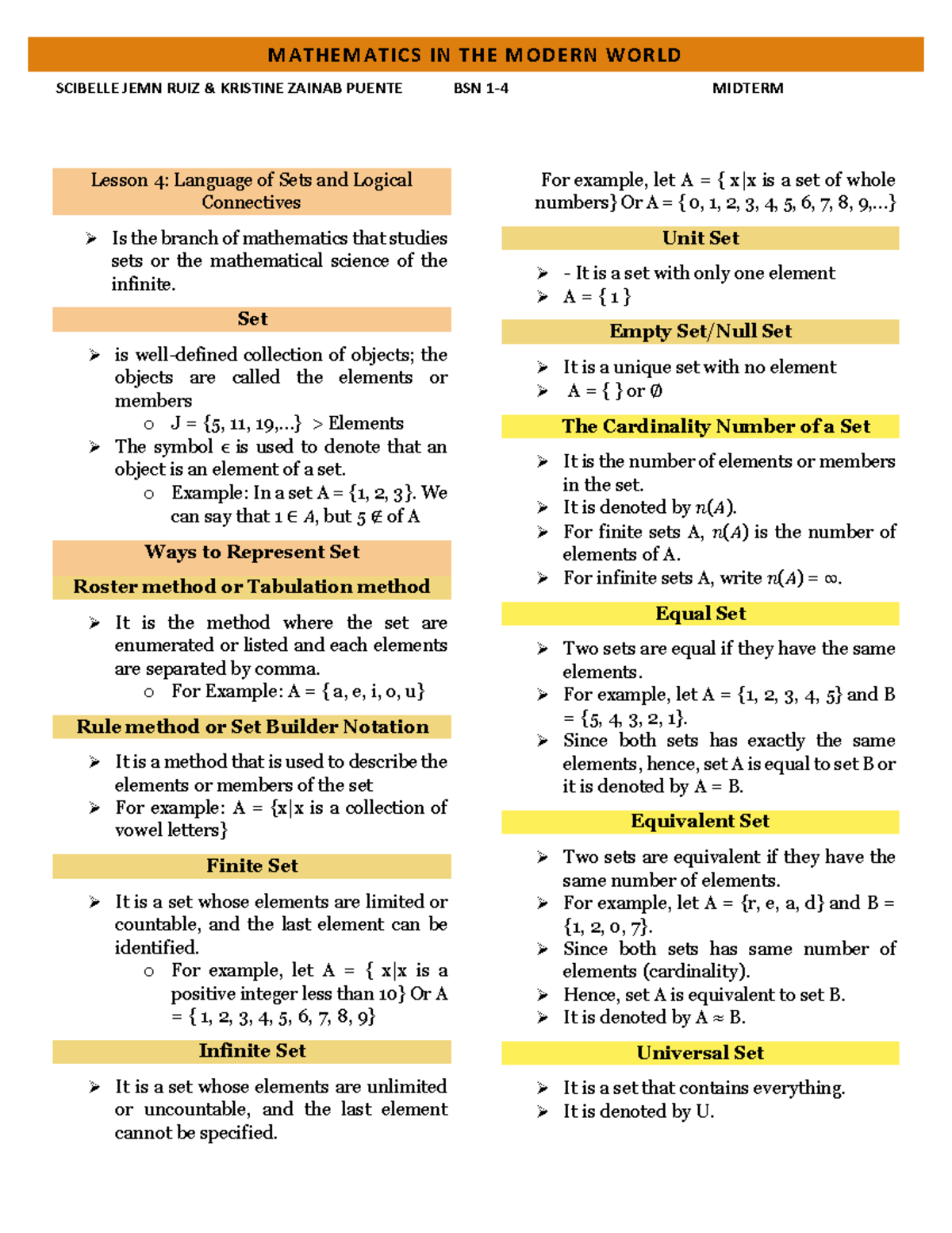 BSN MIDTERM Lesson 4: Language of Sets and Logical Connectives - Studocu