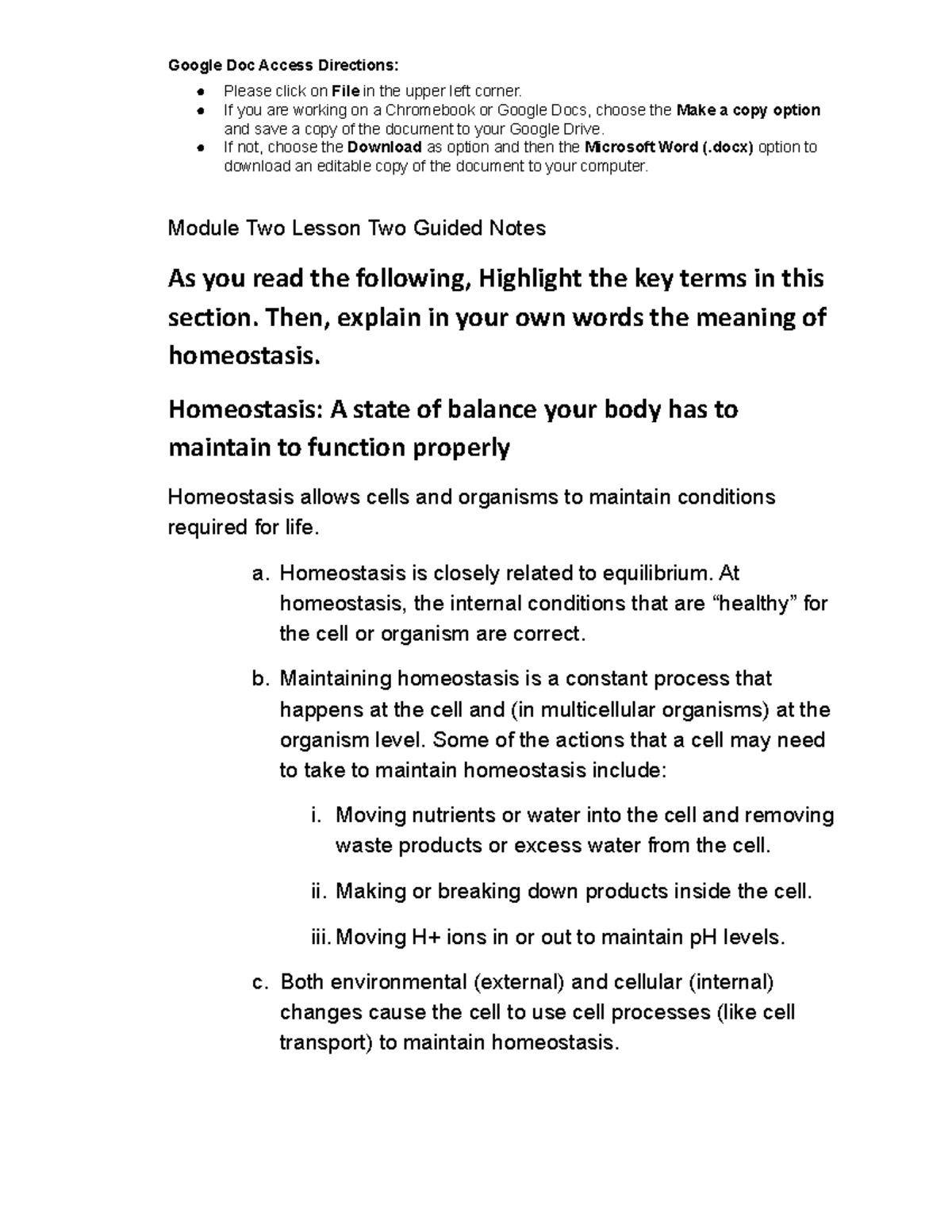 Module 2, Lesson 2: Homeostasis & Cell Transport Guided Notes - Studocu