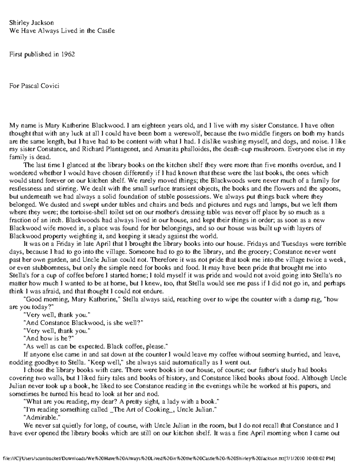 We Have Always Lived in the Castle (1962) - PDF Study Notes - Studocu