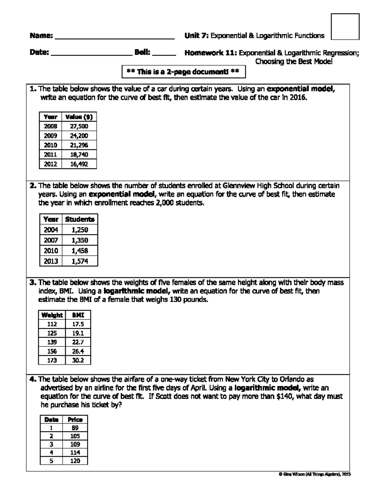 Unit 7: Homework 11 - Exponential & Logarithmic Models - Studocu