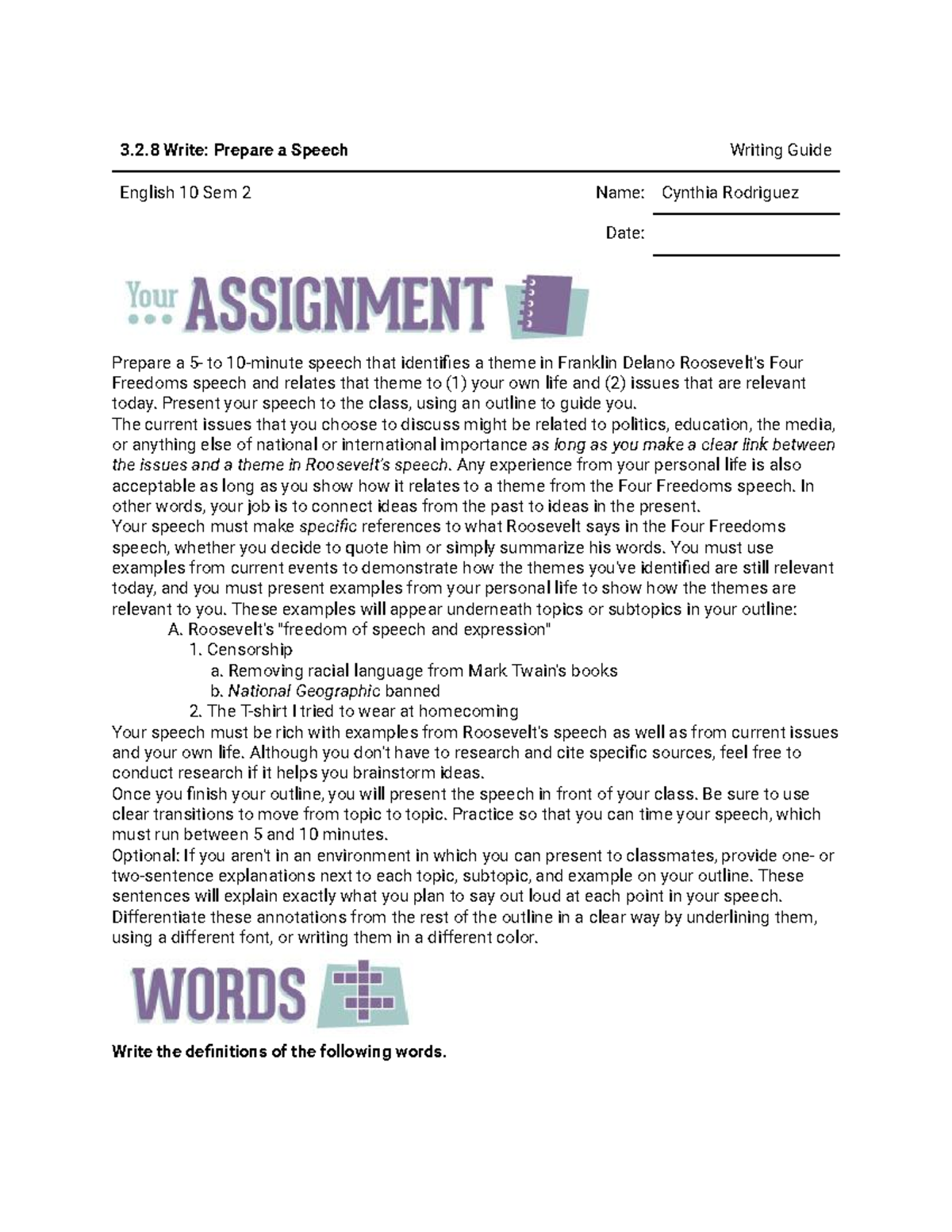 English 10 Sem 2: Speech Writing Guide on FDR's Four Freedoms - Studocu
