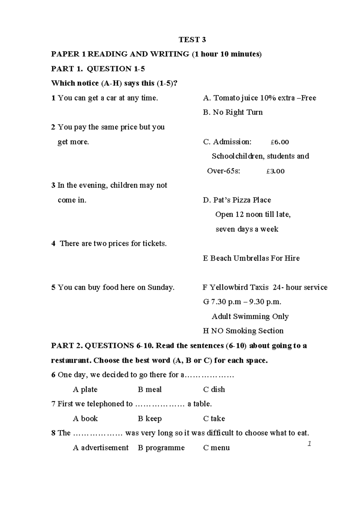 TEST 3 PAPER 1 READING & WRITING EXAM QUESTIONS - Studocu