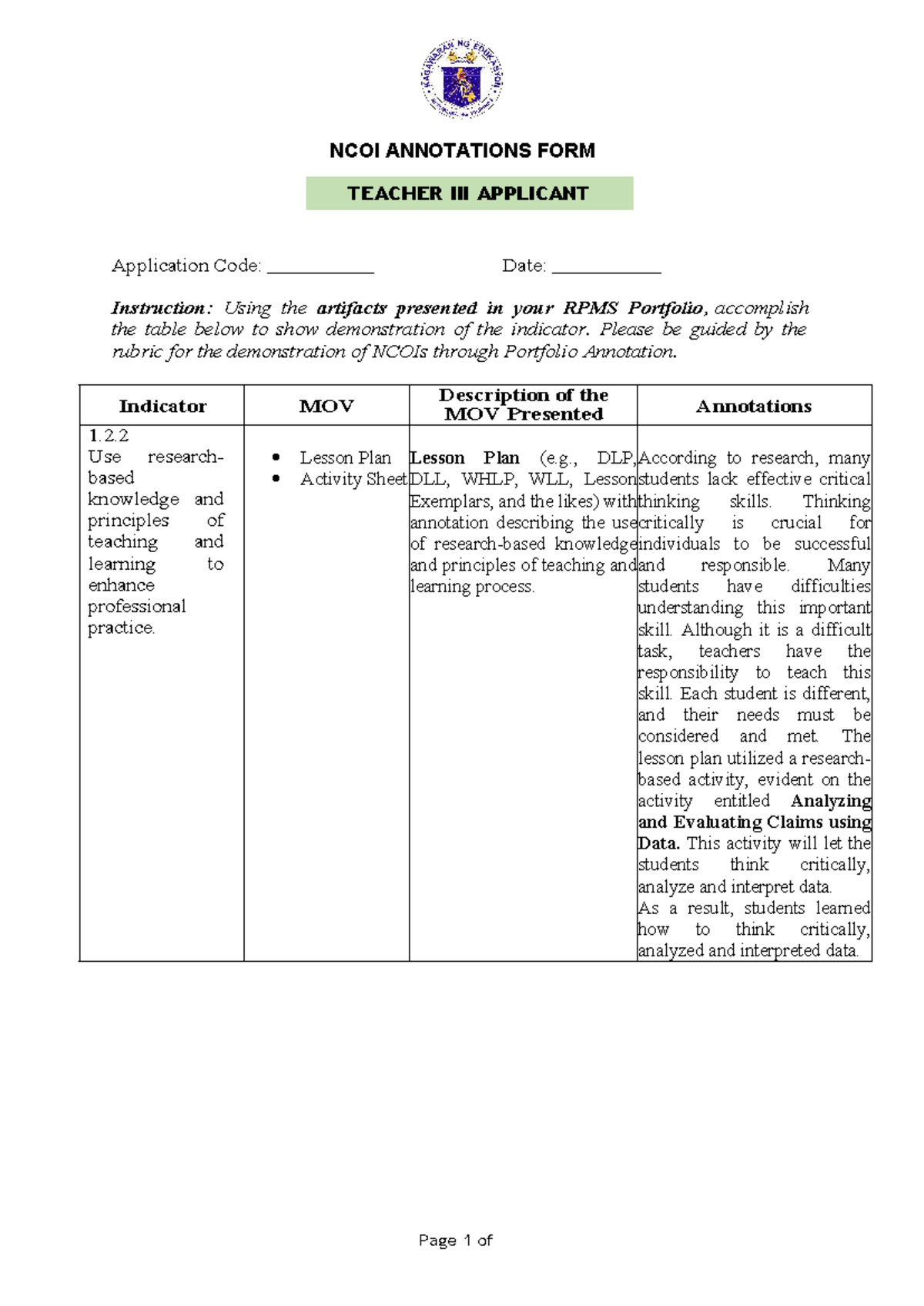 NCOI Annotations for Teacher Applicant: Portfolio Demonstration Guide ...