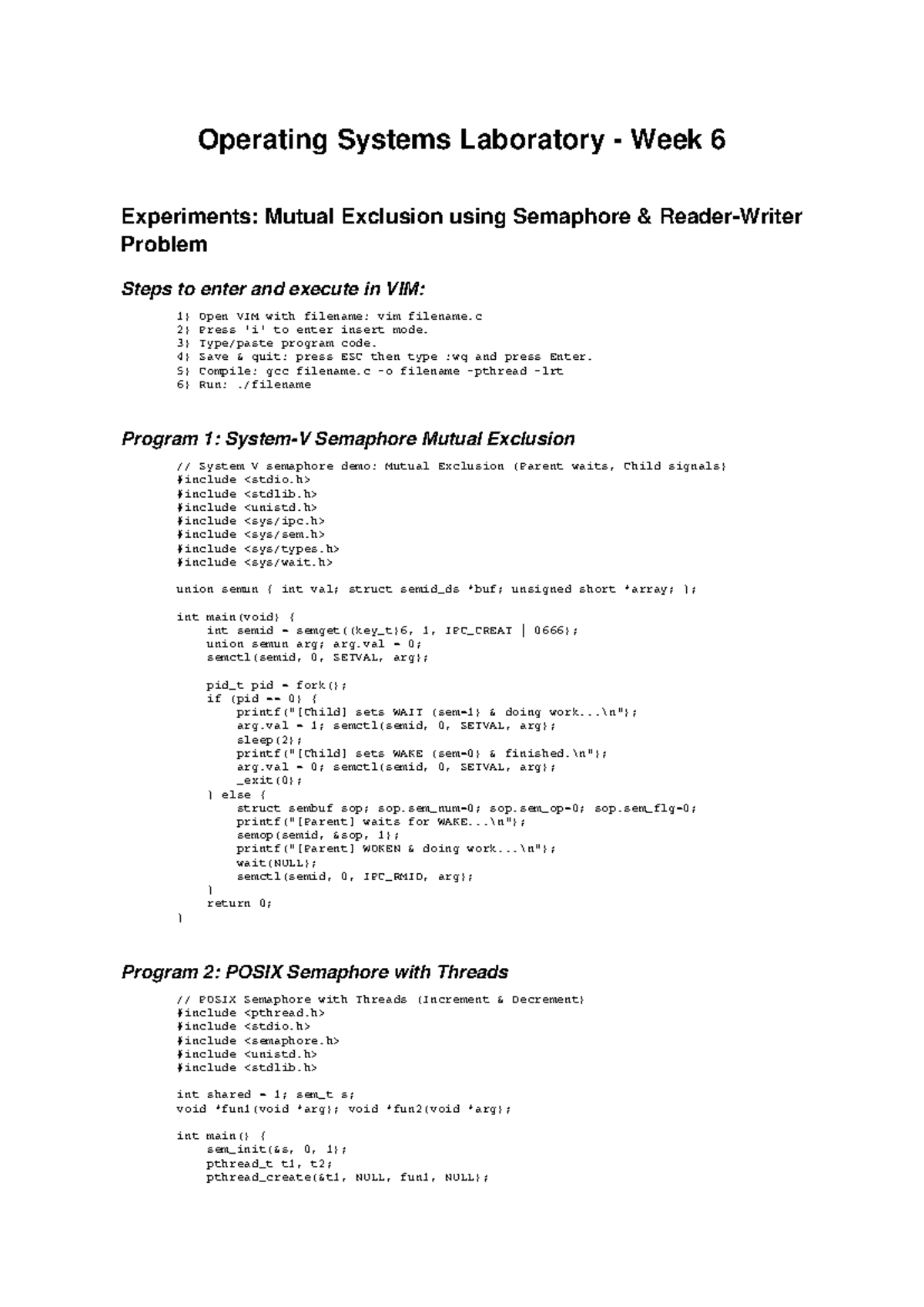 OS Lab W6: Semaphore Mutual Exclusion Experiments and Steps - Studocu