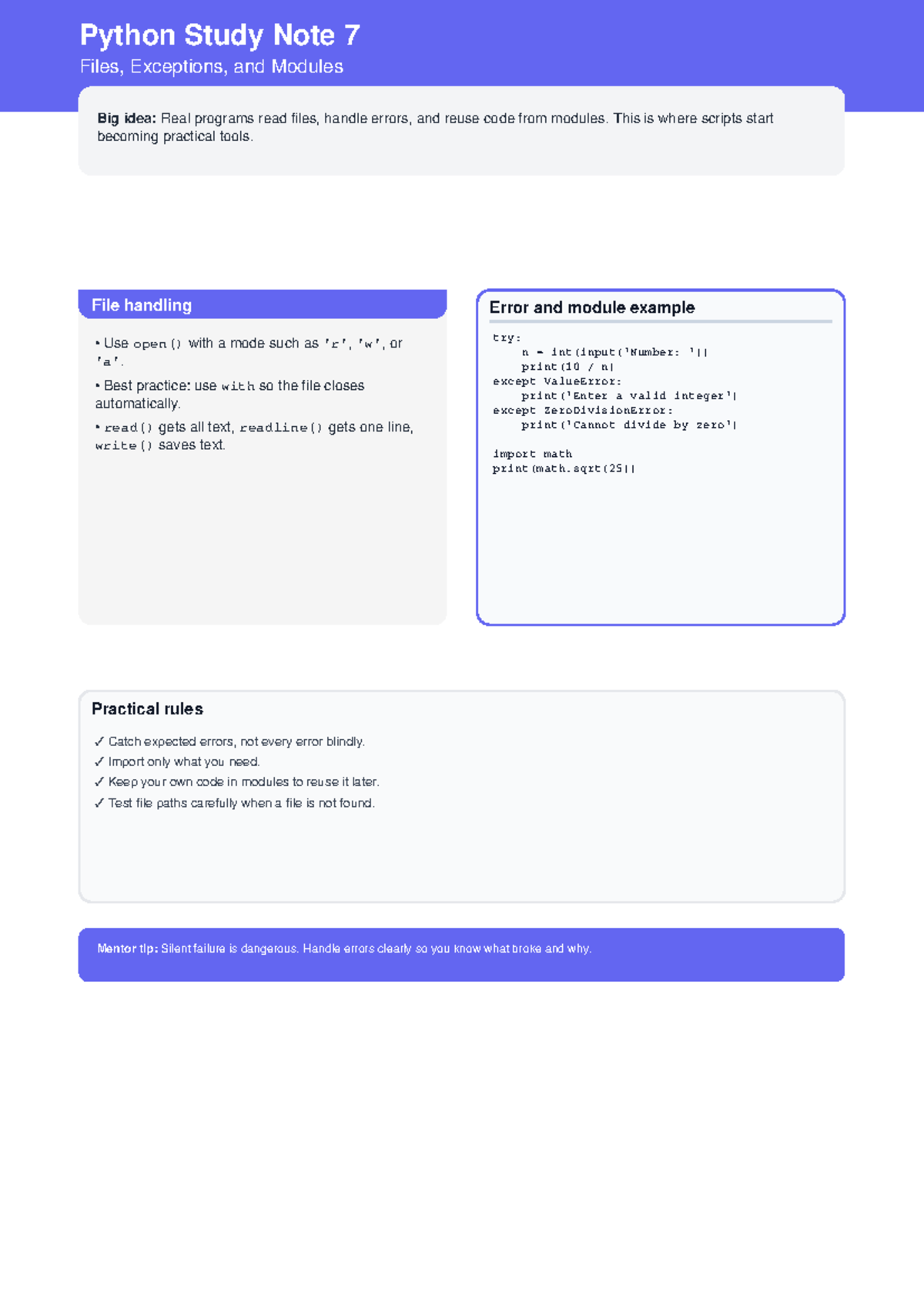 Python Study Note 7: Files, Exceptions, and Modules Overview - Studocu