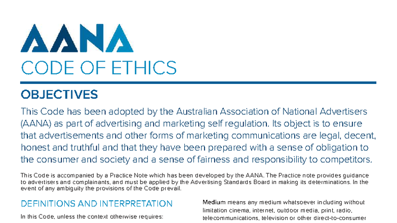 AANA Code of Ethics: Objectives and Definitions Overview - Studocu