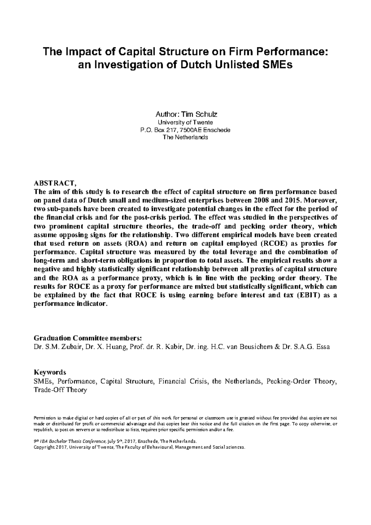 The Impact of Capital Structure on Dutch SMEs' Performance (BMS Thesis ...