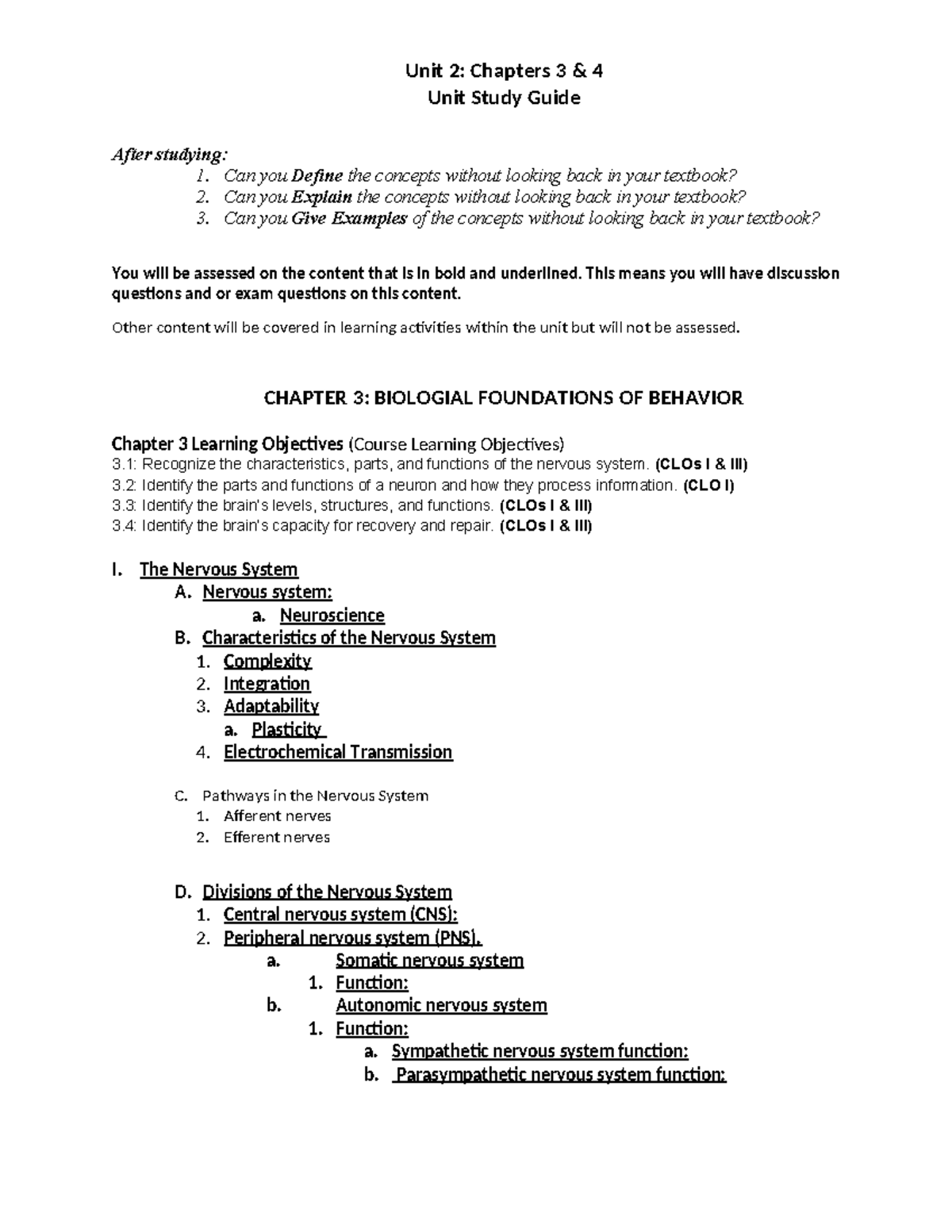 Unit 2 Study Guide: Biological Foundations of Behavior (Ch. 3 & 4 ...