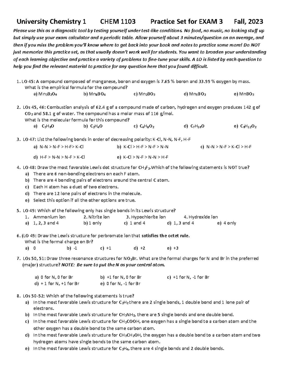Chemistry 1 CHEM 1103 Practice Set for Exam 3 - Fall 2023 - Studocu