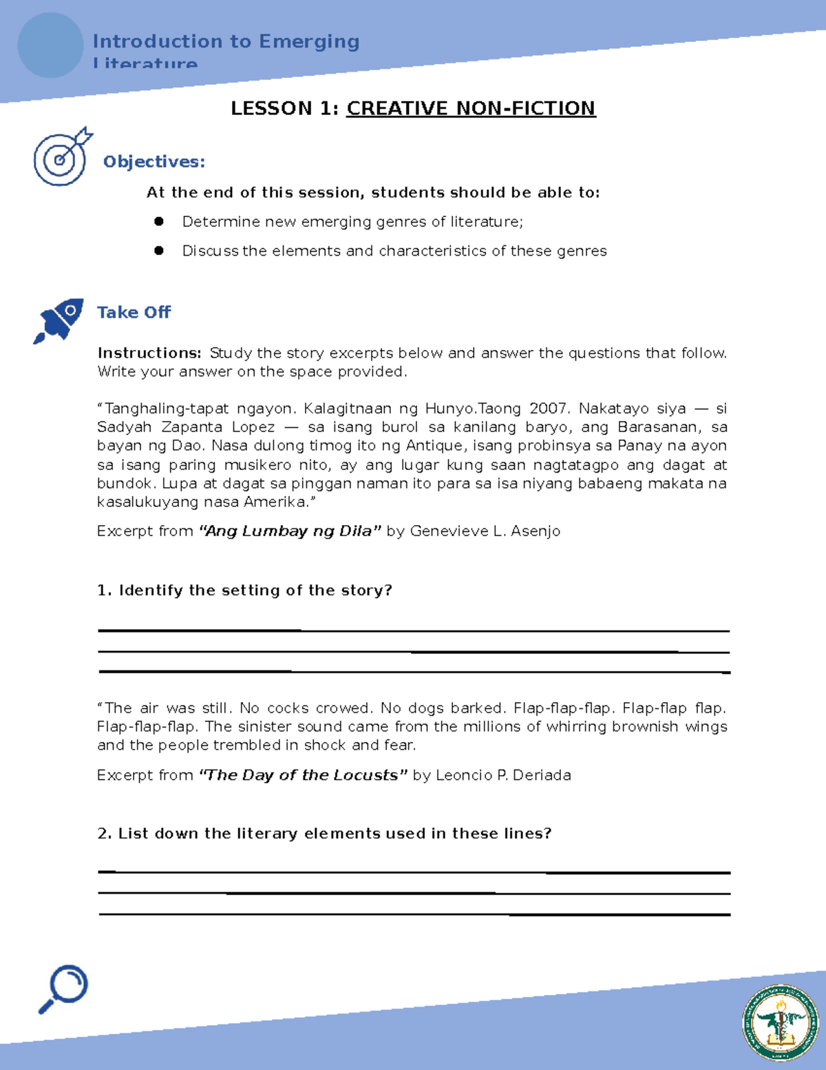 Creative Non-Fiction: Module 1 Literature Lessons and Insights - Studocu