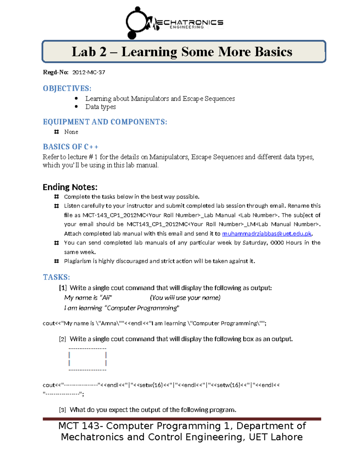 MCT-143 CP1 2012 Lab 2 Manual: Basics of Manipulators & Data Types - Studocu