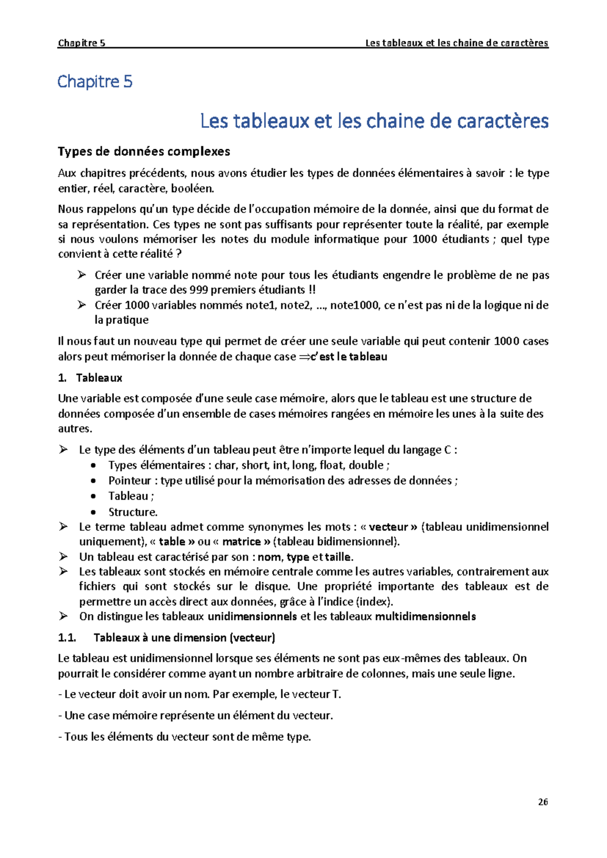 Algorithme C - Chapitre 5 : Tableaux et Chaînes de Caractères - Studocu