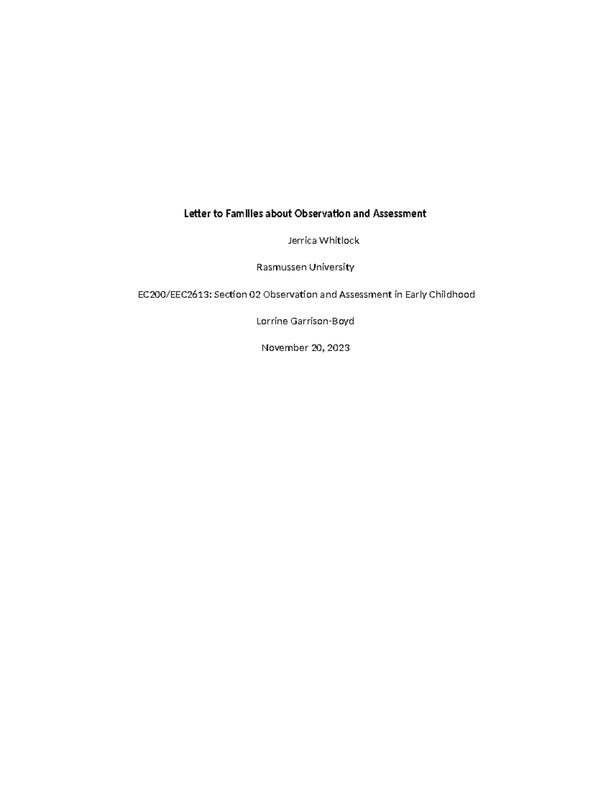 Letter to Families about Observation and Assessment - I will provide ...