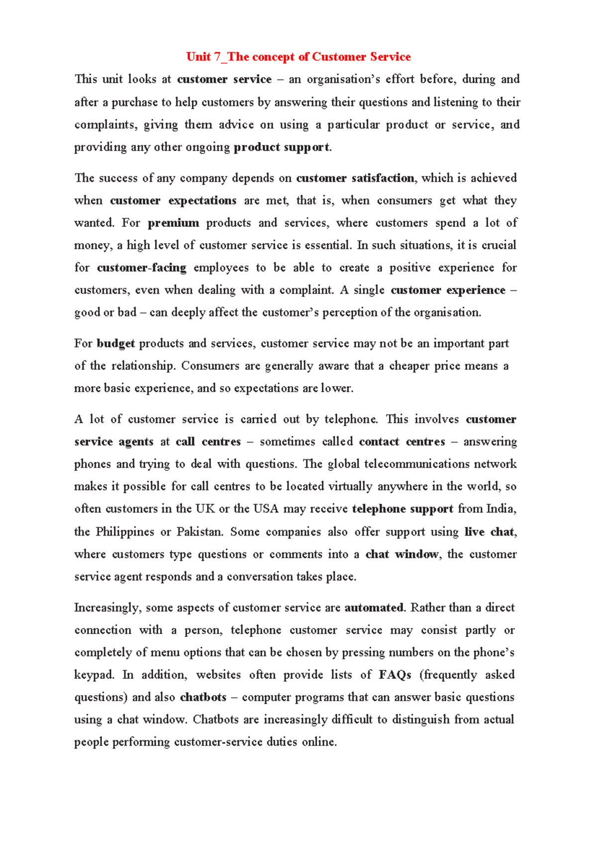 U7 Customer Service Concepts: Enhancing Customer Experience - Studocu