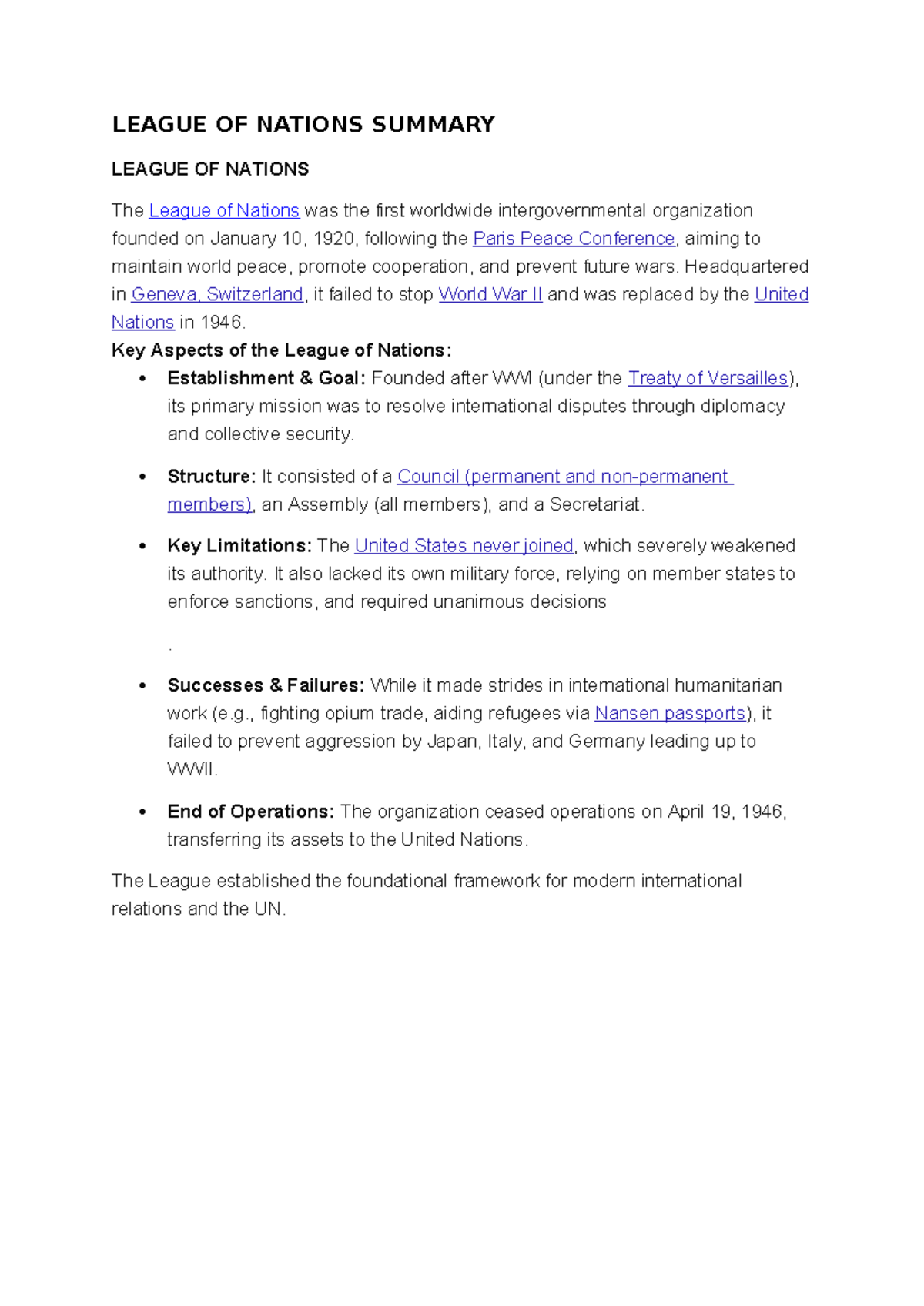 League of Nations Summary: Key Aspects and Historical Impact - Studocu