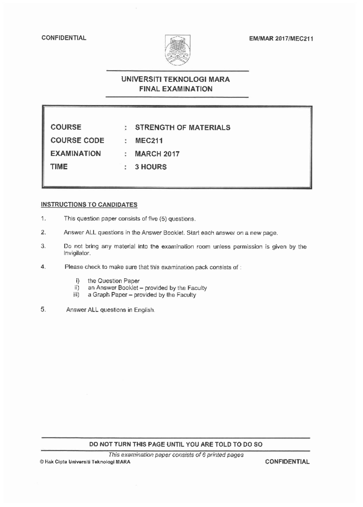 MEC211 Final Exam: Strength of Materials - March 2017 - Studocu