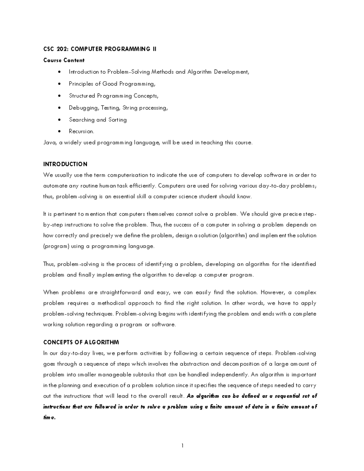 CSC 202 - Algorithms: Understanding Problem-Solving & Implementation - Studocu