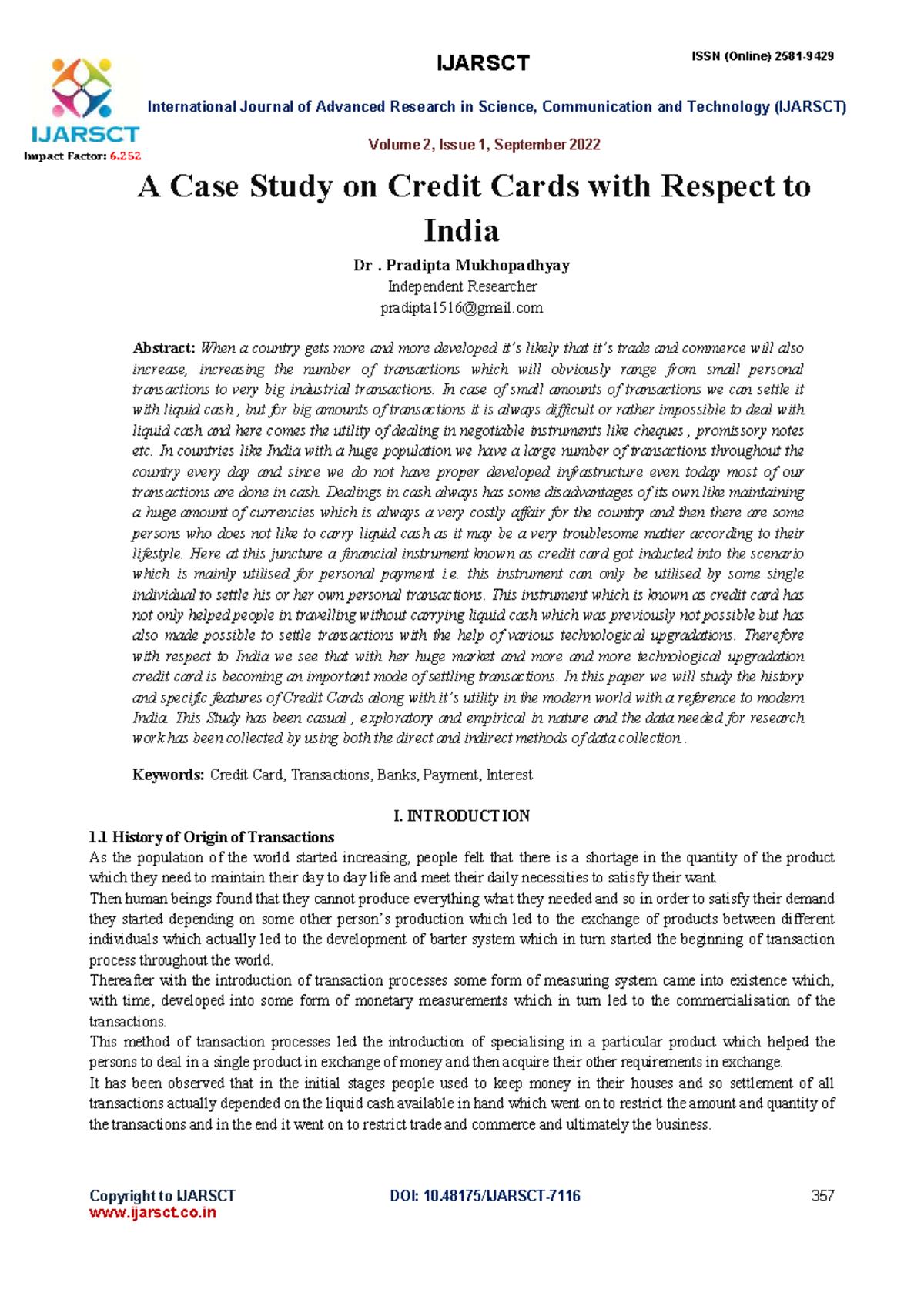 A Case Study on Credit Cards in India: IJARSCT Volume 2, Issue 1 - Studocu