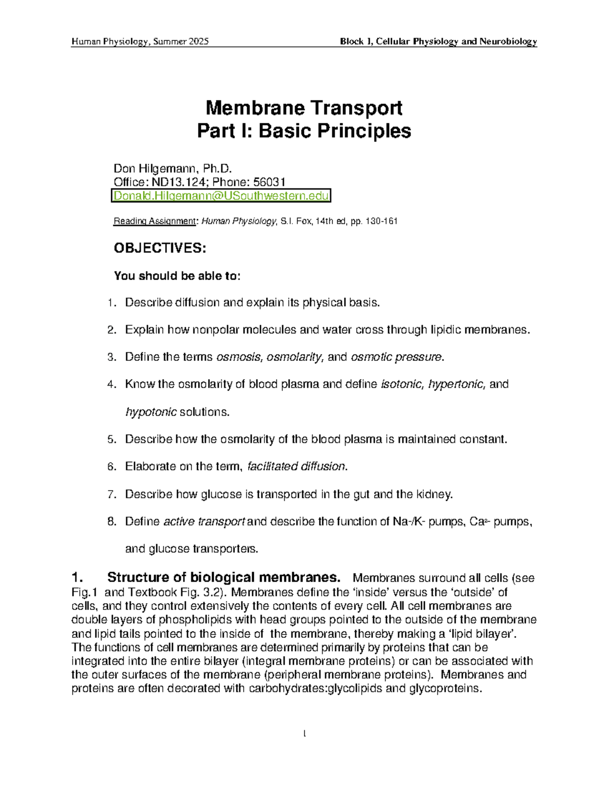 Human Physiology: Membrane Transport Principles (Summer 2025 Block I ...