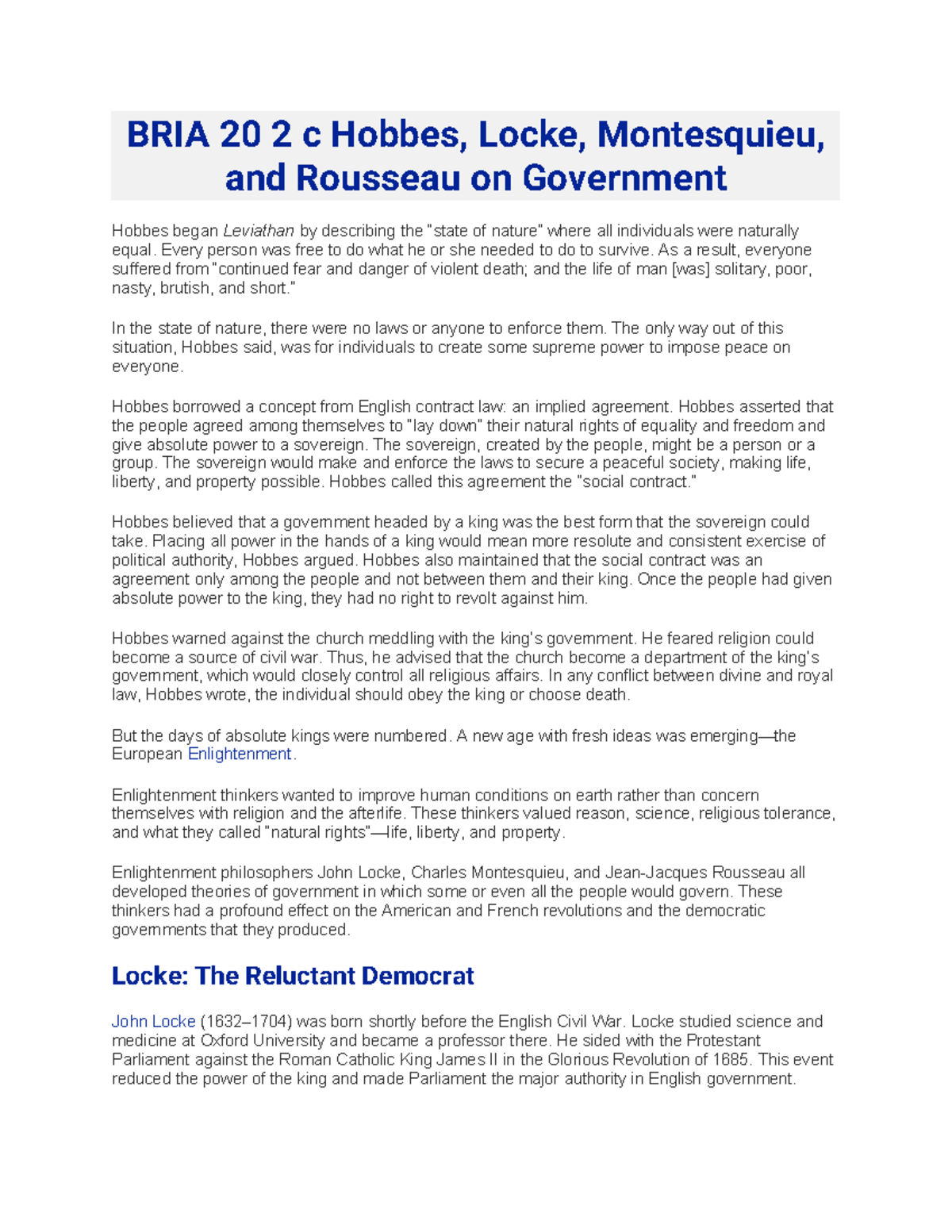 BRIA 20 2 c Theories of Government: Hobbes, Locke, Montesquieu ...