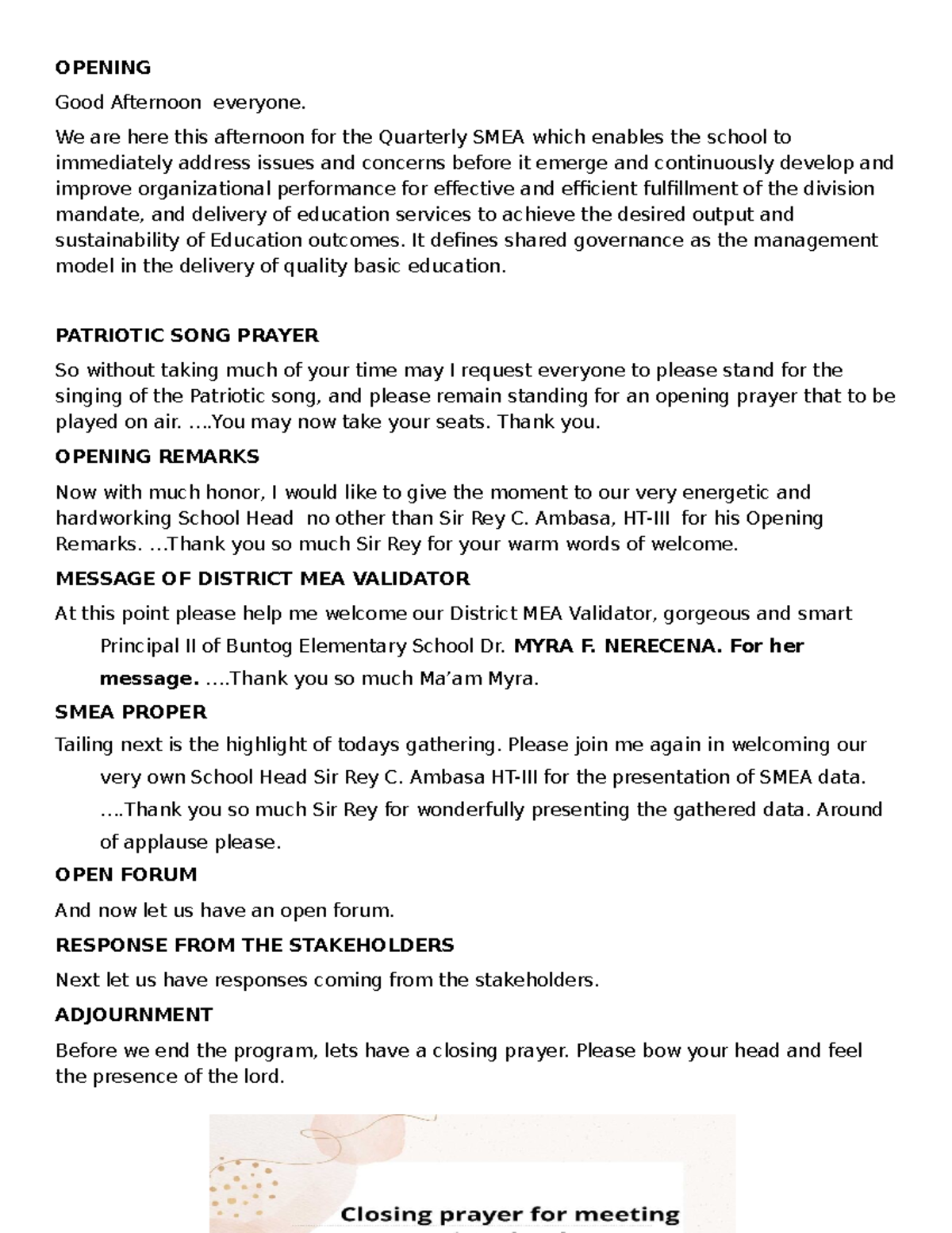 SMEA Quarterly Emcee Script and Program Guide - Studocu