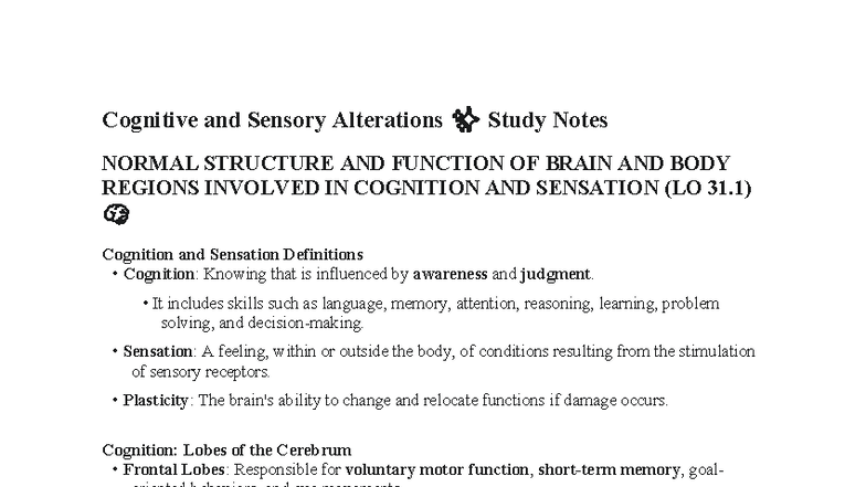 Cognitive and Sensory Alterations Study Notes (LO 31.1 - 31.3) - Studocu