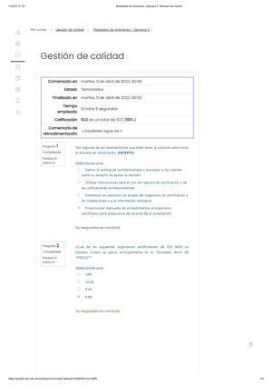 Modalidad de exámenes Semana 6 Revisión del intento - Normas y control de calidad Comenzado en ...
