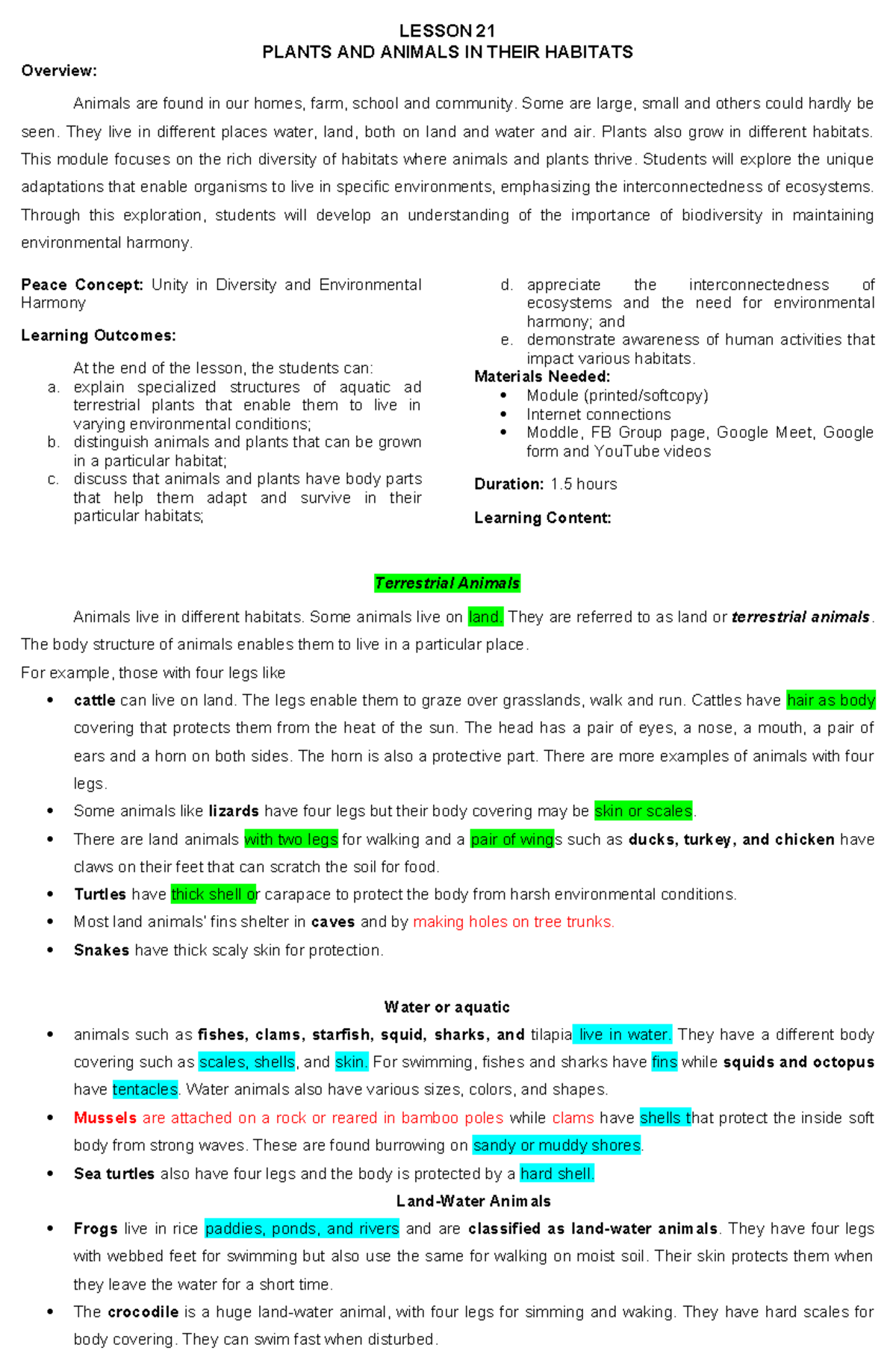 Lesson 21: Plants and Animals in Their Habitats - Assessment of ...