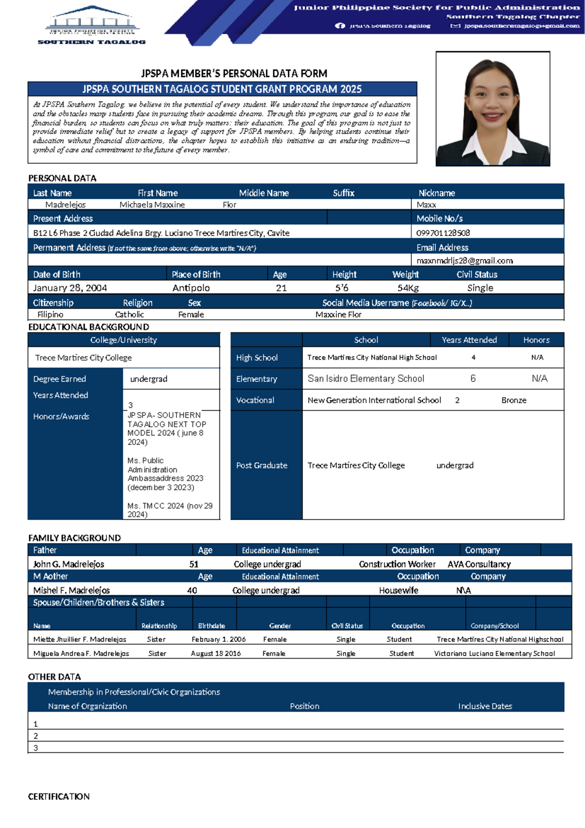 Jpspa SGP Member’S Personal DATA FORM - JPSPA MEMBER’S PERSONAL DATA ...