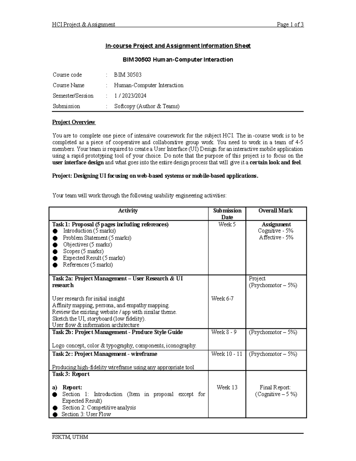 Hciprojectsem 120232024 bim30503 - HCI Project & Assignment Page 1 of 3 ...