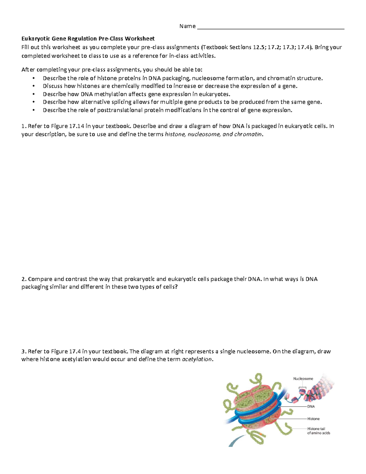 Week 7a Pre-Class Reading Guide: Eukaryotic Gene Regulation Worksheet ...