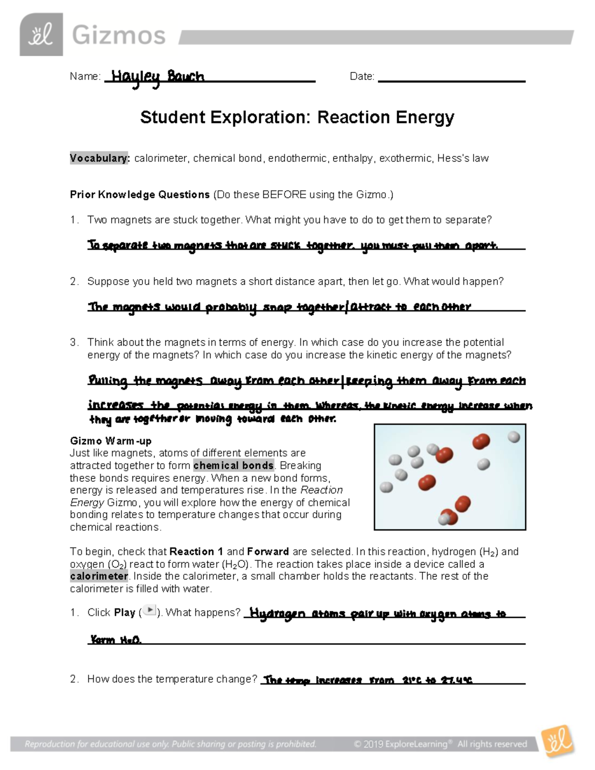 Reaction Energy DONE - Name: Date: Student Exploration: Reaction Energy ...