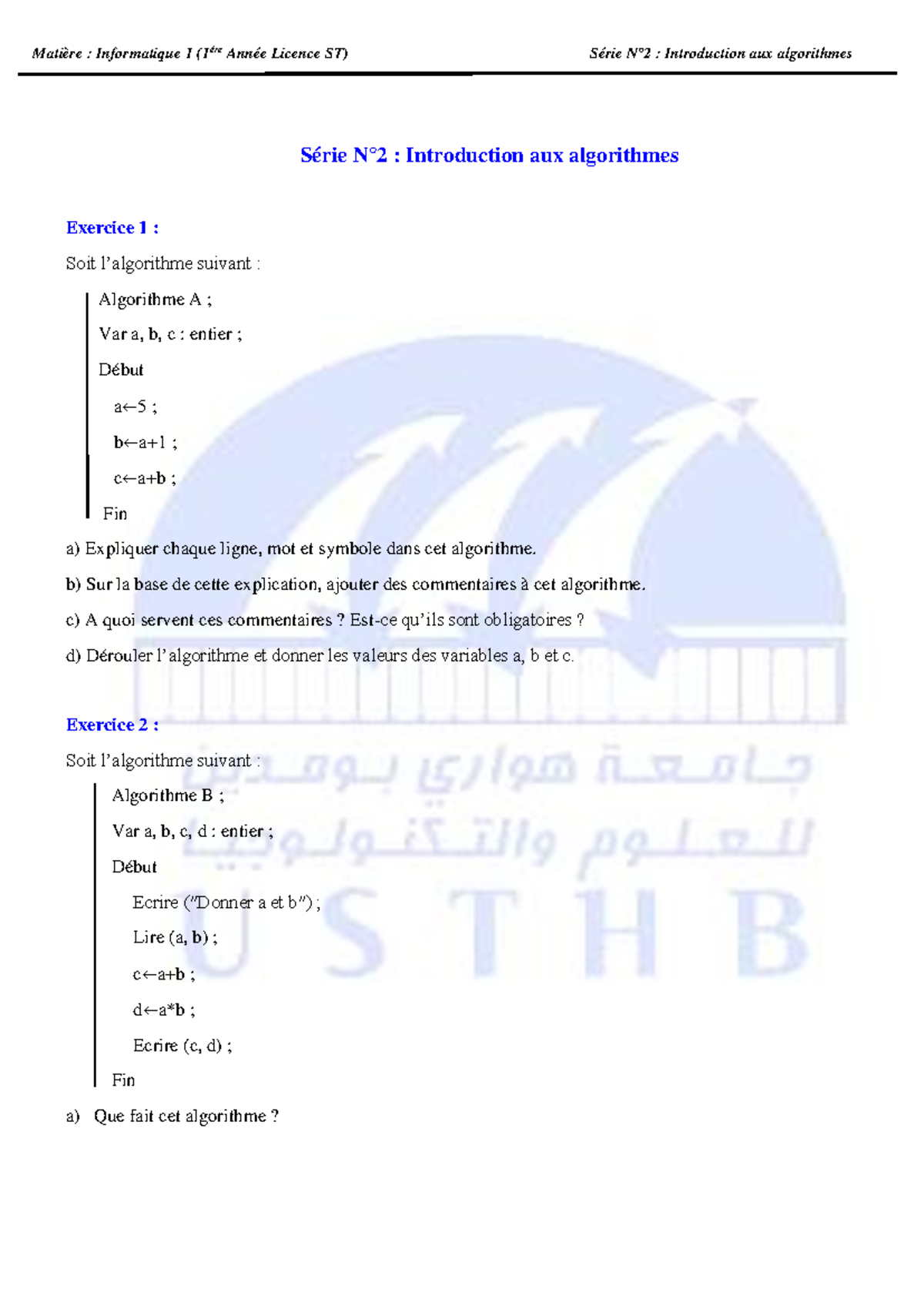 Série 2 - Introductions aux Algorithmes (INFO 1) - TD et Exercices ...